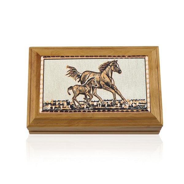 Horse and foal design handmade copper wooden box - copperarts